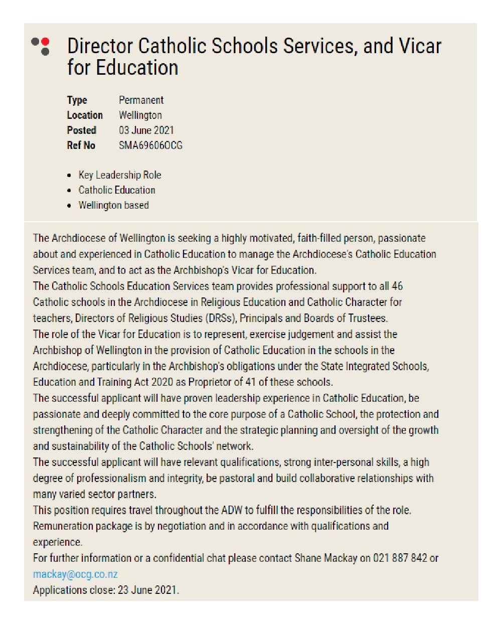 Vacancies | Archdiocese of Wellington